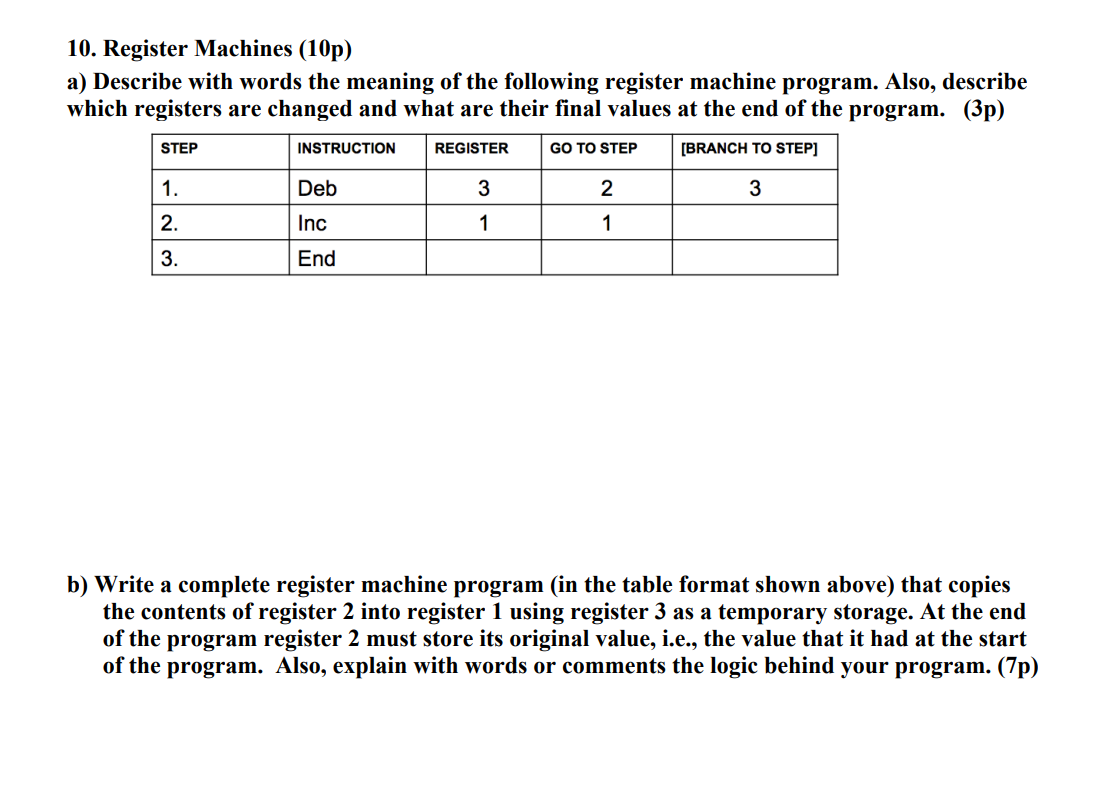 10. Register Machines (10p) a) Describe with words | Chegg.com