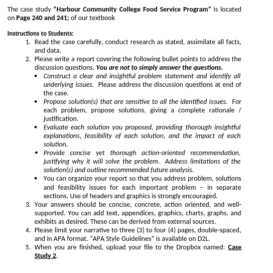 Solved The case study “Harbour Community College Food | Chegg.com