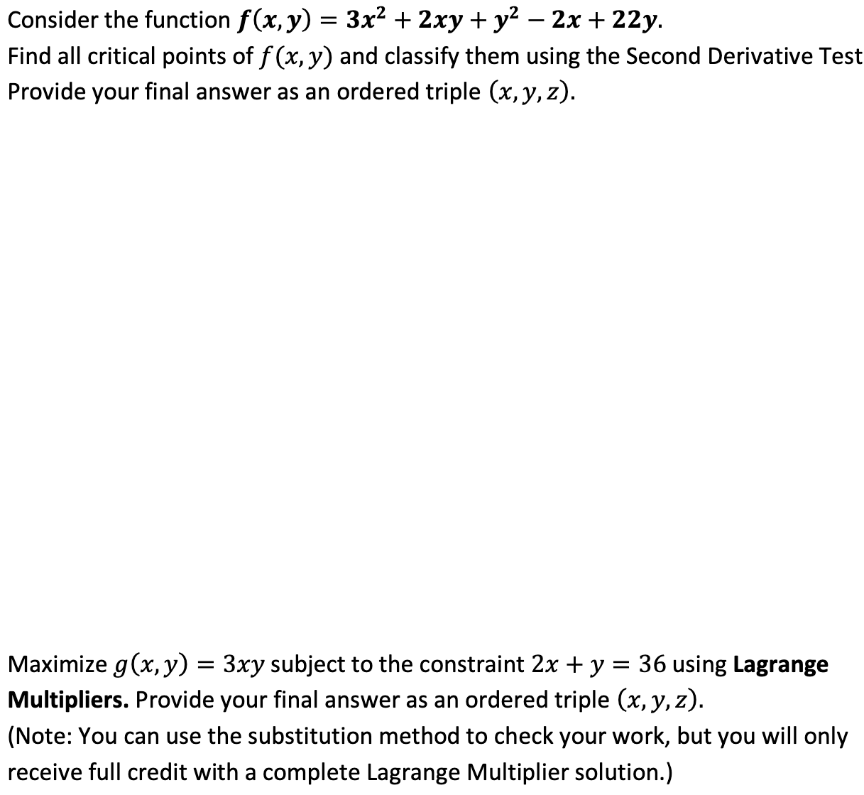 Solved Consider the function f(x,y)=3x2+2xy+y2-2x+22y.Find | Chegg.com