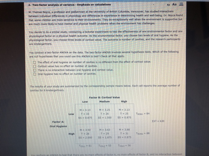 Solved 2. Two-factor analysis of variance- Emphasis on | Chegg.com