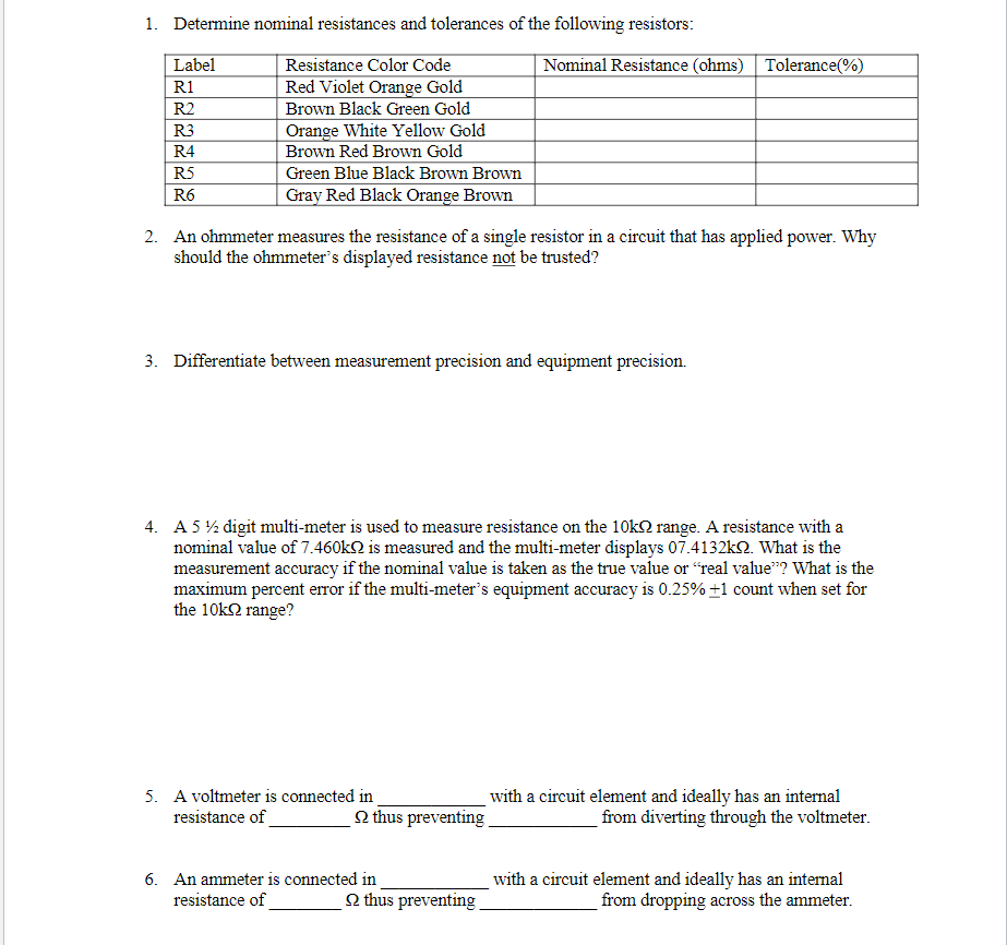Solved 1. Determine nominal resistances and tolerances of | Chegg.com