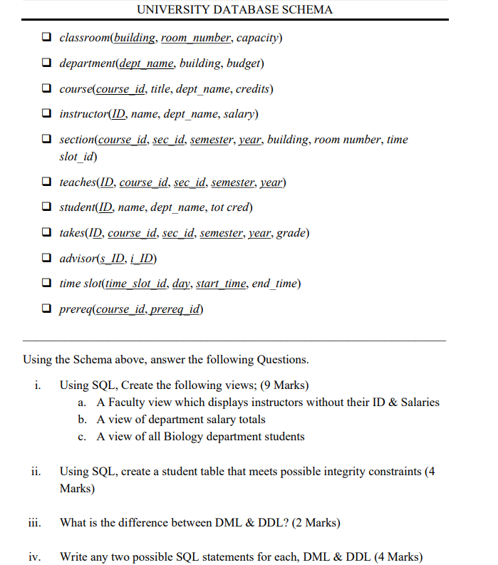 Solved classroom(building, room number, capacity) department | Chegg.com