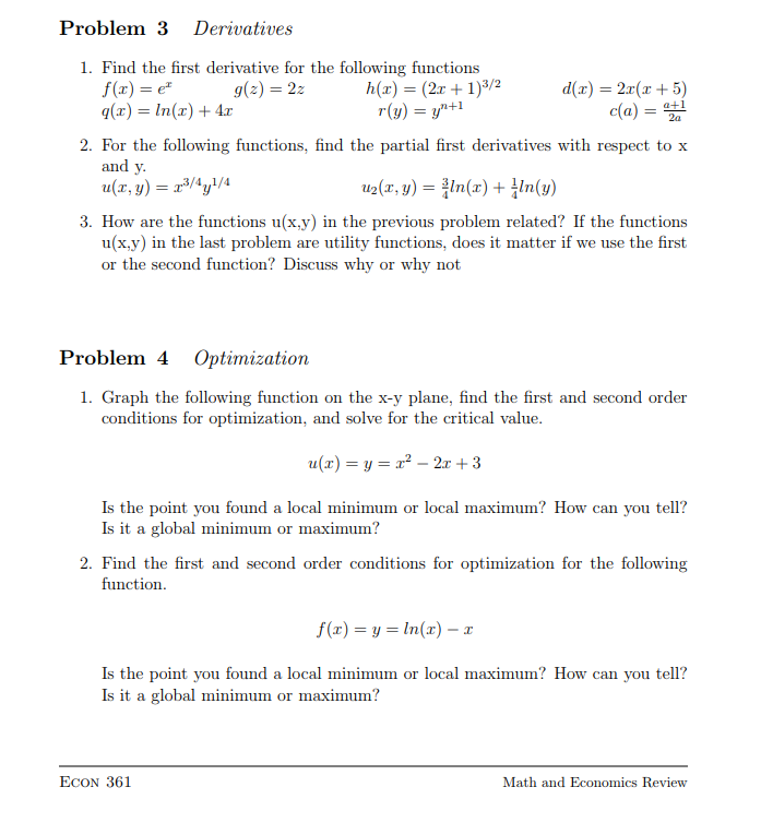 Solved Problem 3 Derivatives 1. Find the first derivative | Chegg.com
