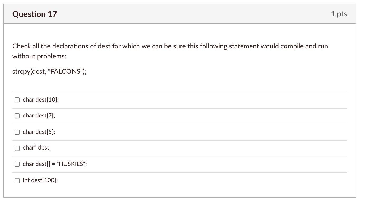 Solved Check all the declarations of dest for which we can | Chegg.com