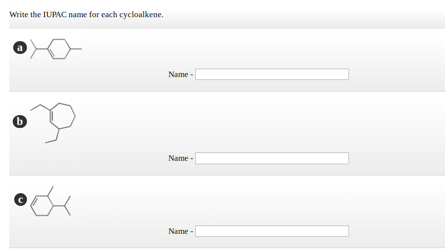 Solved Write the IUPAC name for each cycloalkene Name Name - | Chegg.com