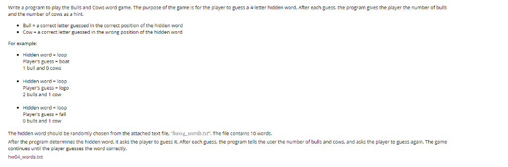 Solved write a program to play the Bulls and Cows word game. | Chegg.com