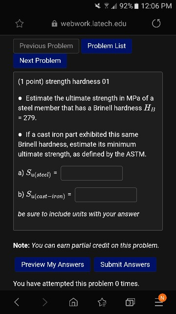 Solved 92% 12:06 PM webwork.latech.edu Previous Problem | Chegg.com