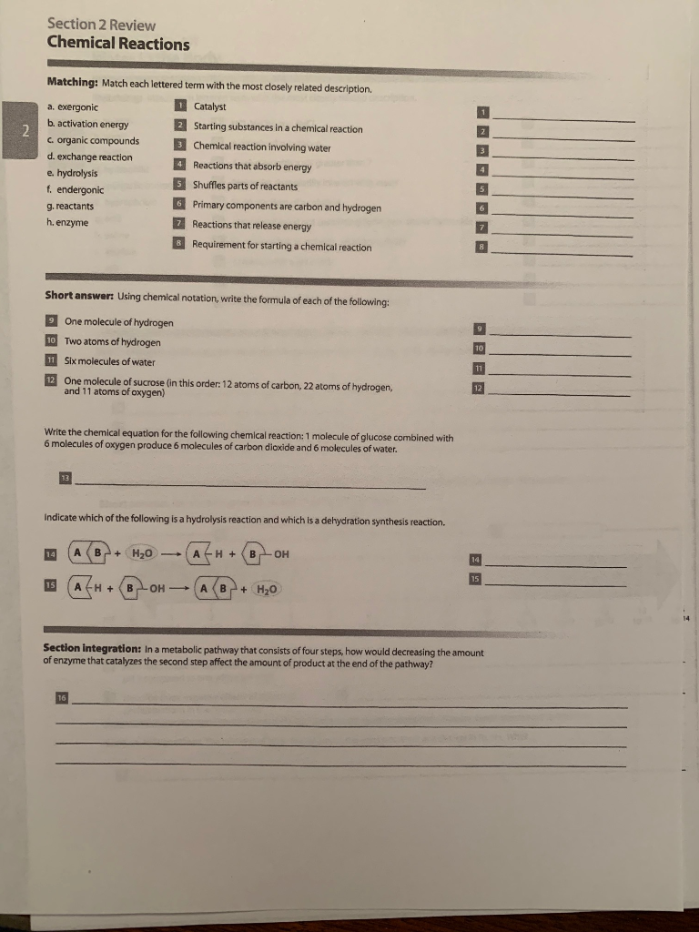 Solved Section 2 Review Chemical Reactions Matching: Match | Chegg.com