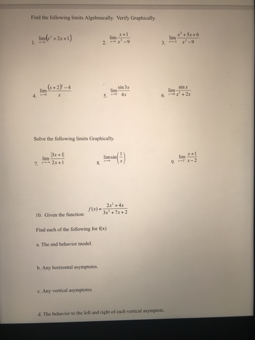 Solved 1) Find limits Algebraically. Verify Graphically. | Chegg.com