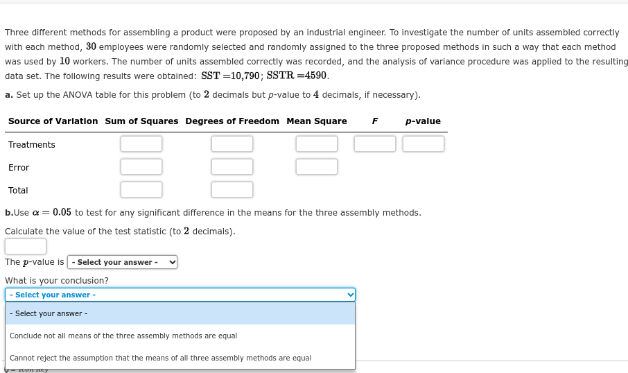 Solved Three different methods for assembling a product were | Chegg.com
