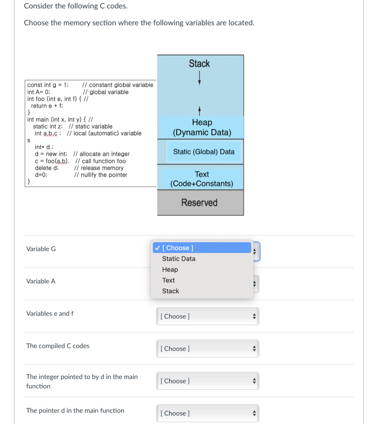 Solved Consider the following C codes. Choose the memory | Chegg.com