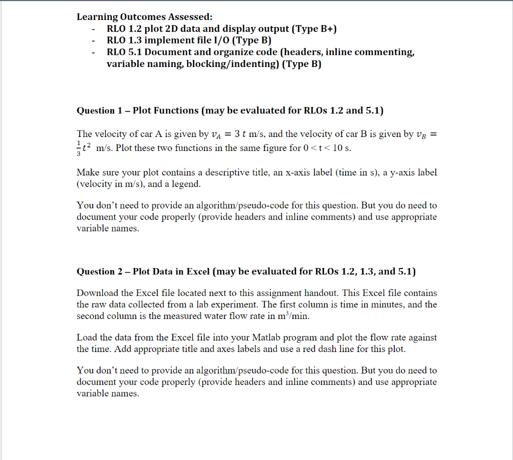 Solved Learning Outcomes Assessed: - RLO 1.2 plot 2D data | Chegg.com