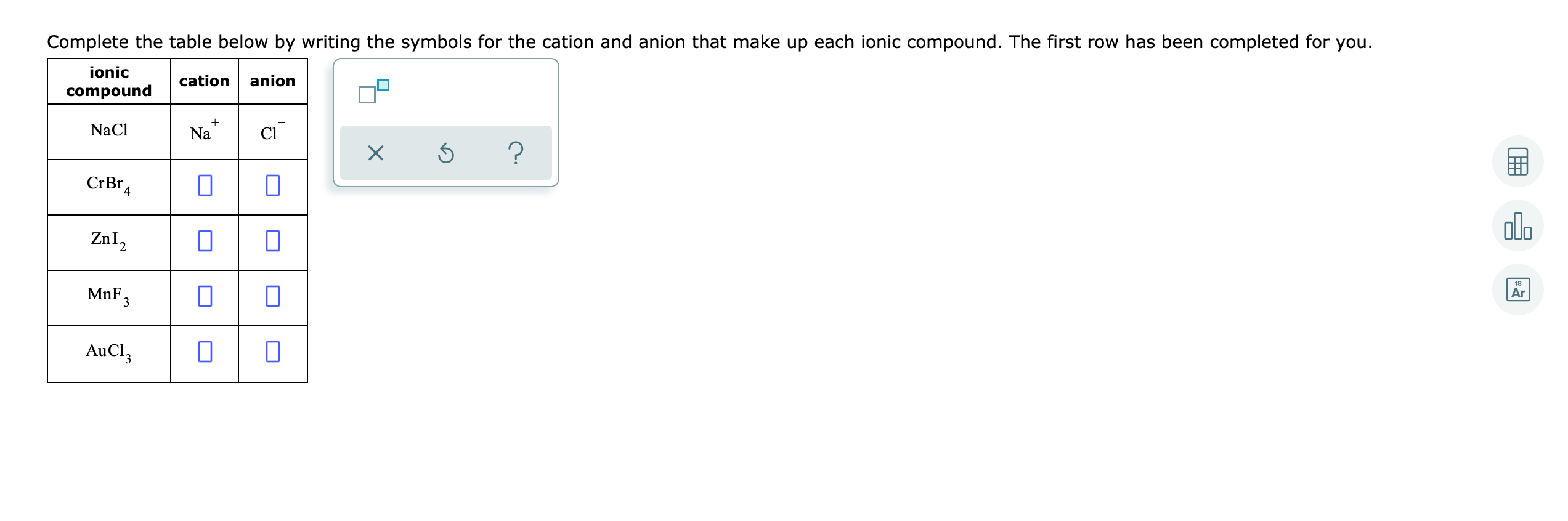 Solved Complete the table below by writing the symbols for | Chegg.com