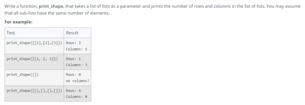 Solved Write a function, print shape, that takes a list of | Chegg.com