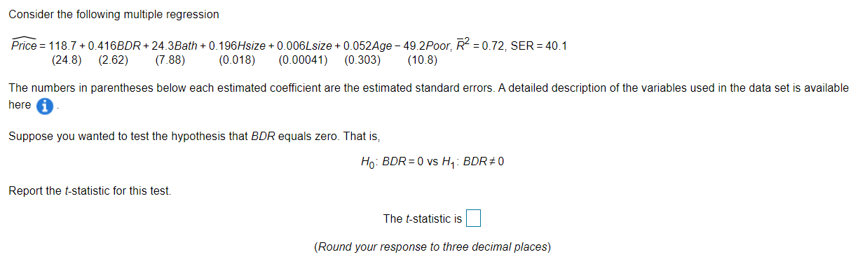 Solved Consider the following multiple regression Price = | Chegg.com