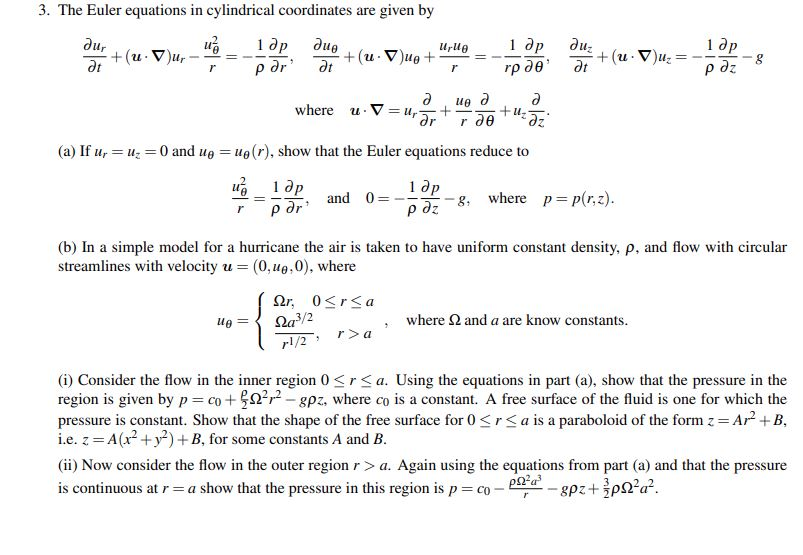 3. The Euler equations in cylindrical coordinates are | Chegg.com