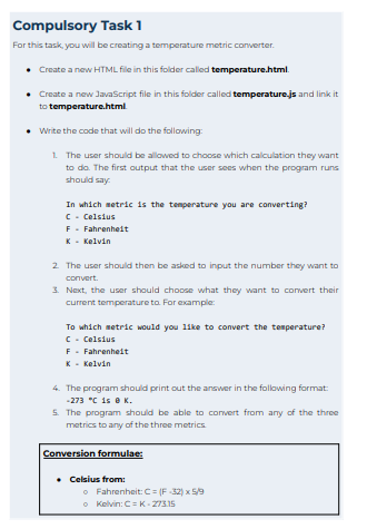 Solved this task, you wil be creating a temperature metric | Chegg.com