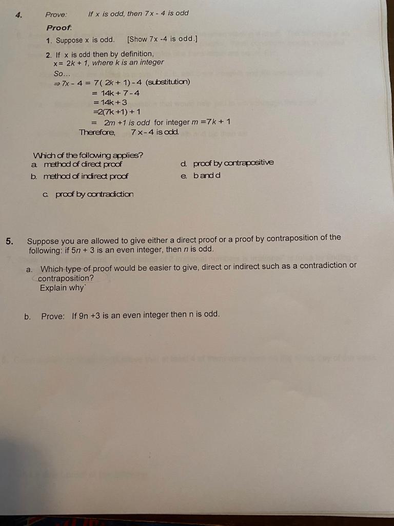 Solved 4. Prove: If x is odd, then 7x - 4 is odd Proof. 1. | Chegg.com