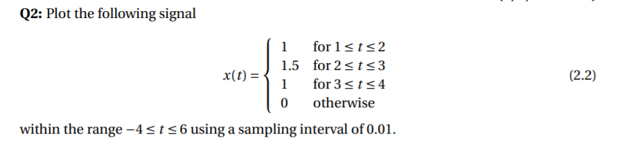 Solved Q2: Plot the following signal x(t) = 1 for 1 | Chegg.com