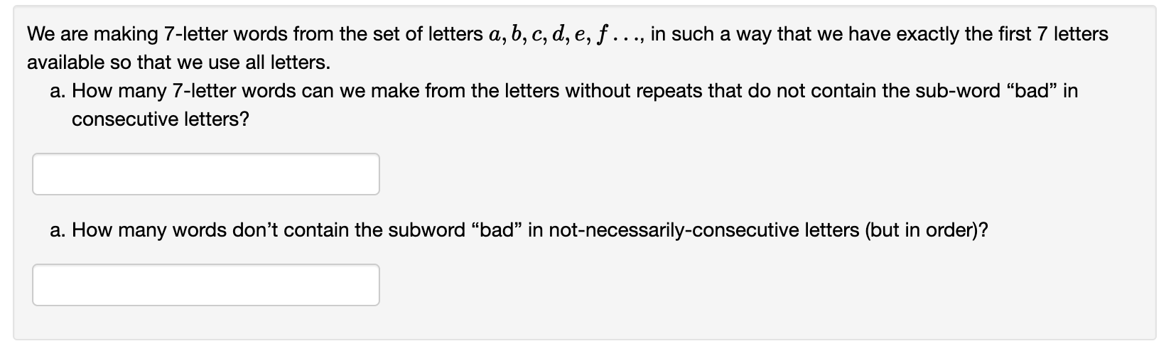 Solved We are making 7-letter words from the set of letters | Chegg.com