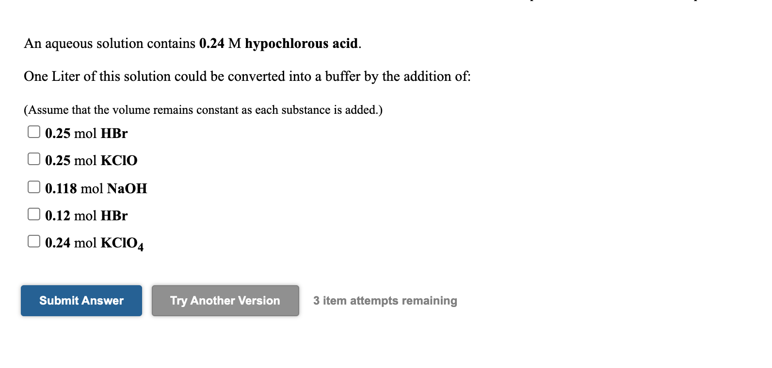 Solved An aqueous solution contains 0.24 M hypochlorous | Chegg.com