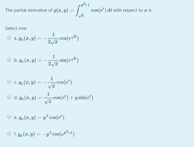 Solved 7311 The partial derivative of g(x,y) cos(e) dt with | Chegg.com