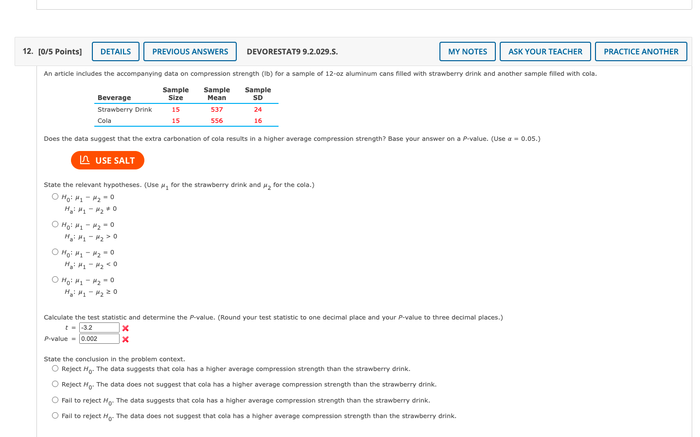 Solved 12. [0/5 Points] DETAILS PREVIOUS ANSWERS DEVORESTAT9 | Chegg.com