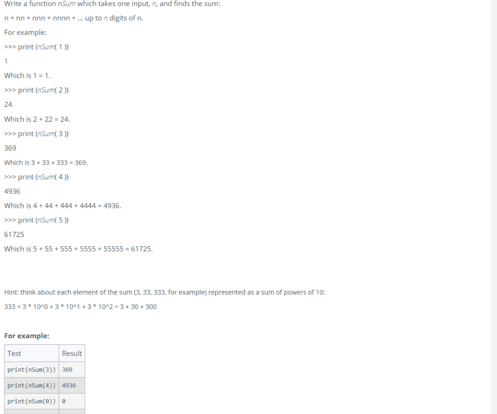 Solved Write a function nSum which takes one input, n, and | Chegg.com