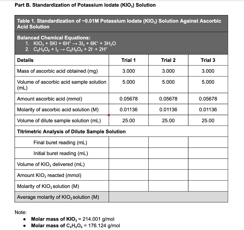 Part B. Standardization of Potassium lodate (KIO3) | Chegg.com