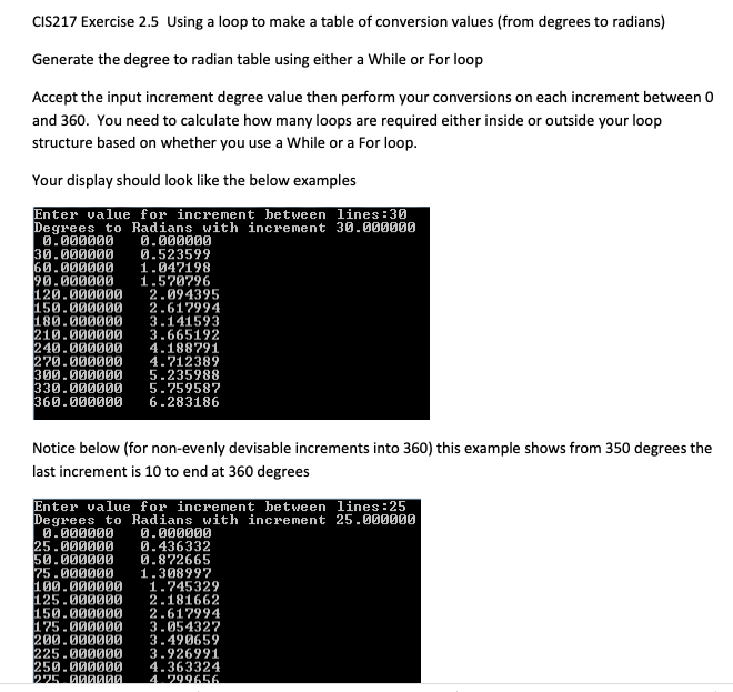 Solved CIS217 Exercise 2.5 Using a loop to make a table of | Chegg.com