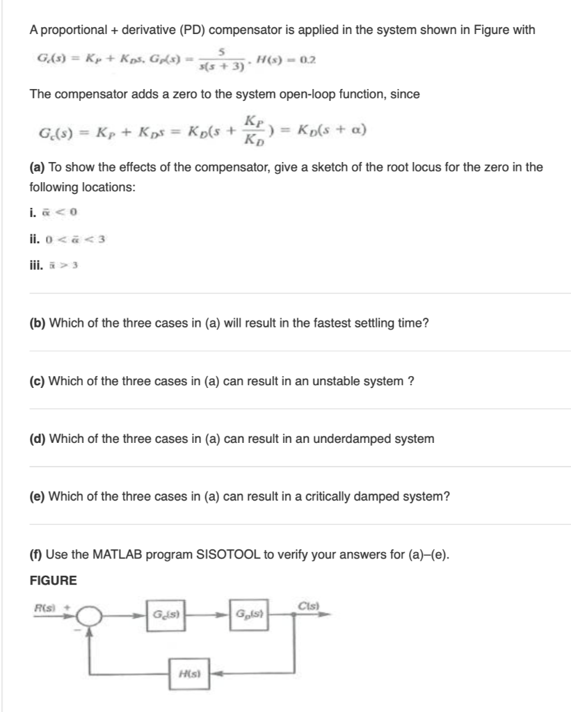 Solved A proportional + derivative (PD) compensator is | Chegg.com