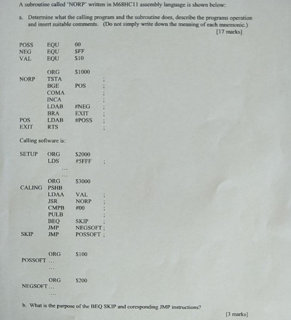 Solved A subroutine called "NORP written in M68HC11 assembly | Chegg.com