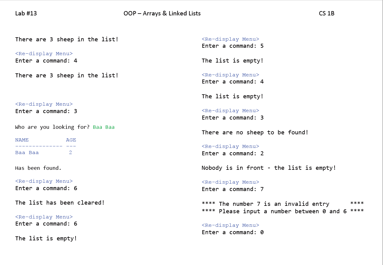 Solved Lab #13: Arrays & Linked Lists of Sheep Implement the | Chegg.com