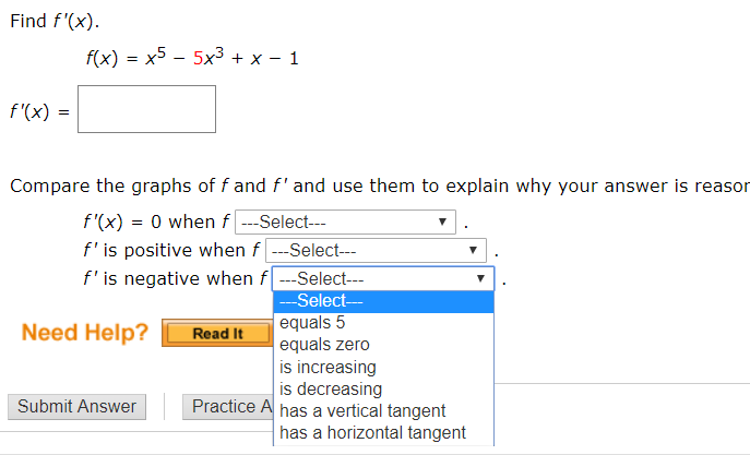 Solved Find f'(x). f(x) = x5 – 5x3 + x - 1 f'(x) = Compare | Chegg.com