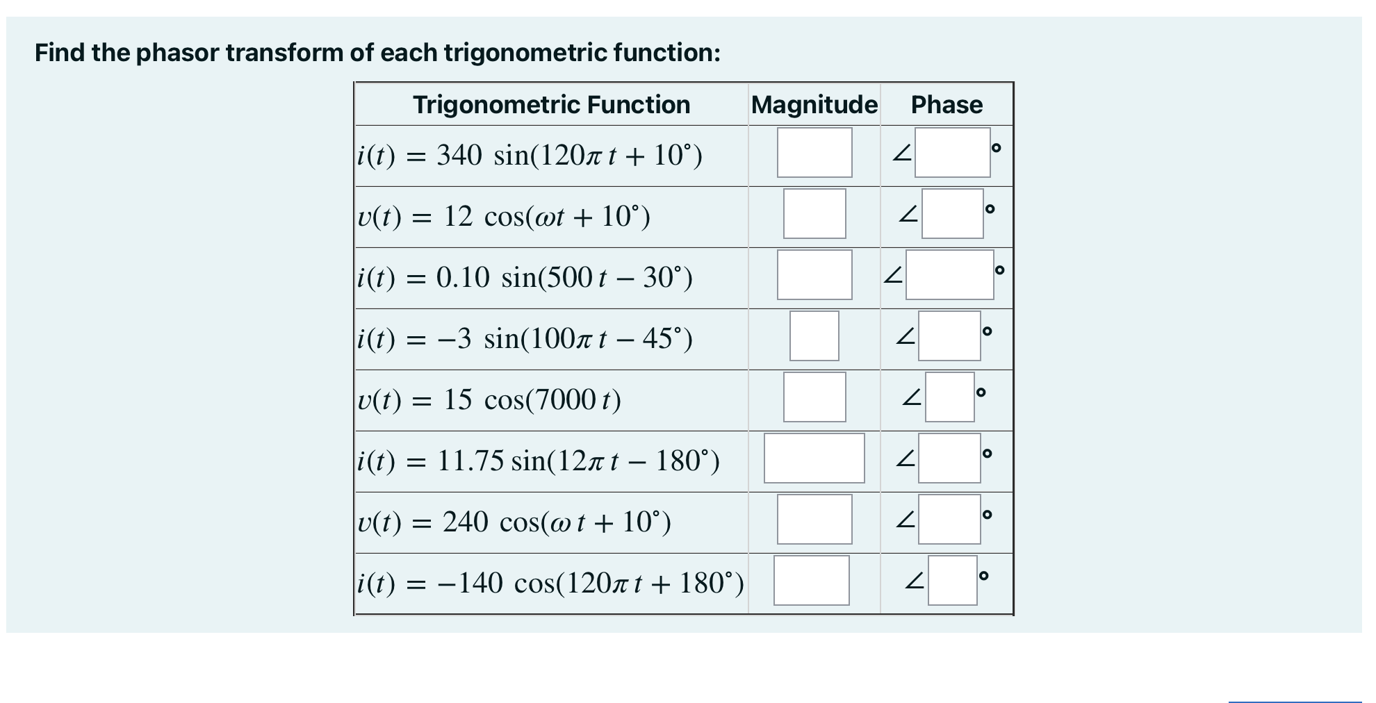 Solved Find the phasor transform of each trigonometric | Chegg.com
