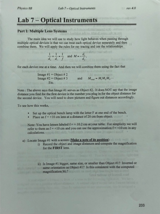 Physics 8B Lab 7-Optical Instruments rev 4.0 Lab 7 | Chegg.com