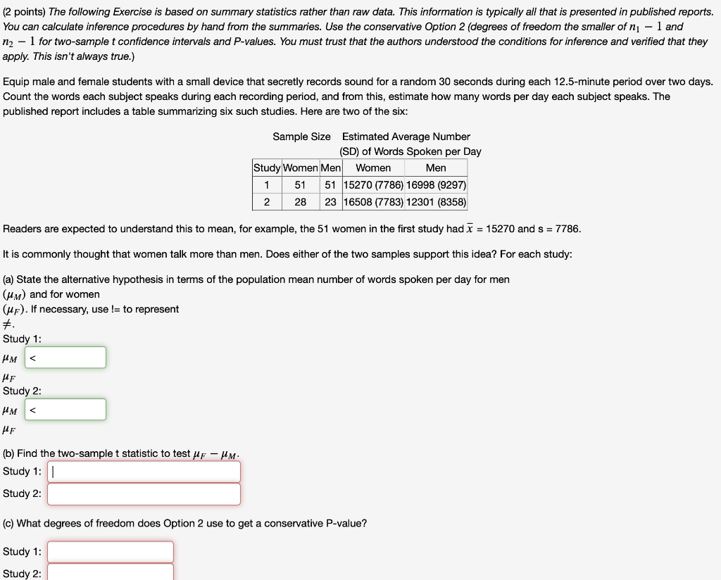 Solved (2 points) The following Exercise is based on summary | Chegg.com
