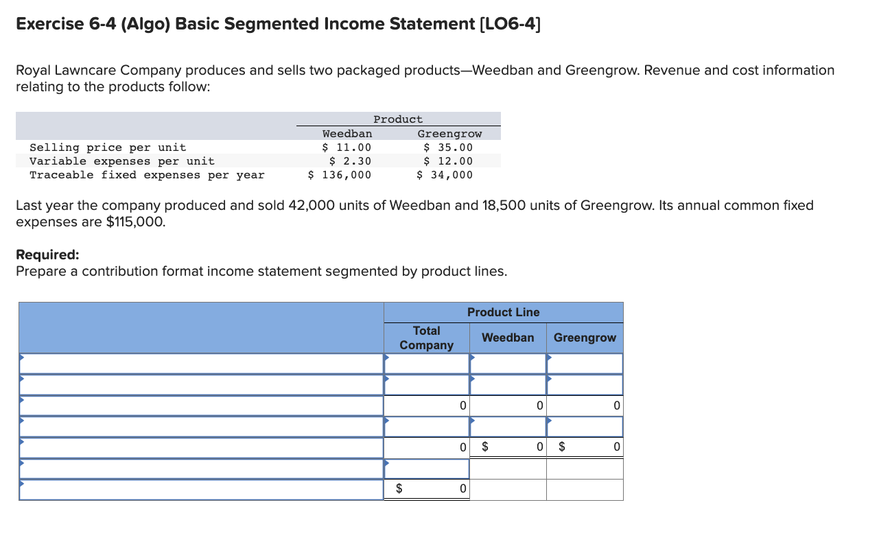Solved Exercise 6-4 (Algo) Basic Segmented Income Statement | Chegg.com
