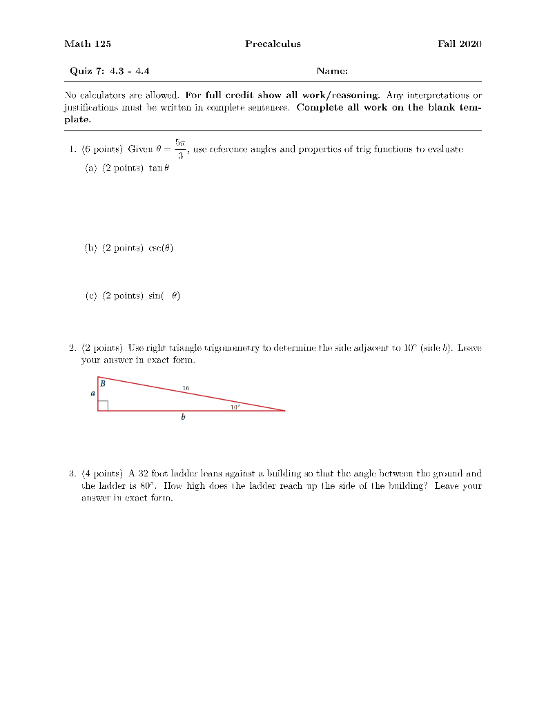 Math 125 Precalculus Fall 2020 Quiz 7: 4.3 - 4.4 | Chegg.com