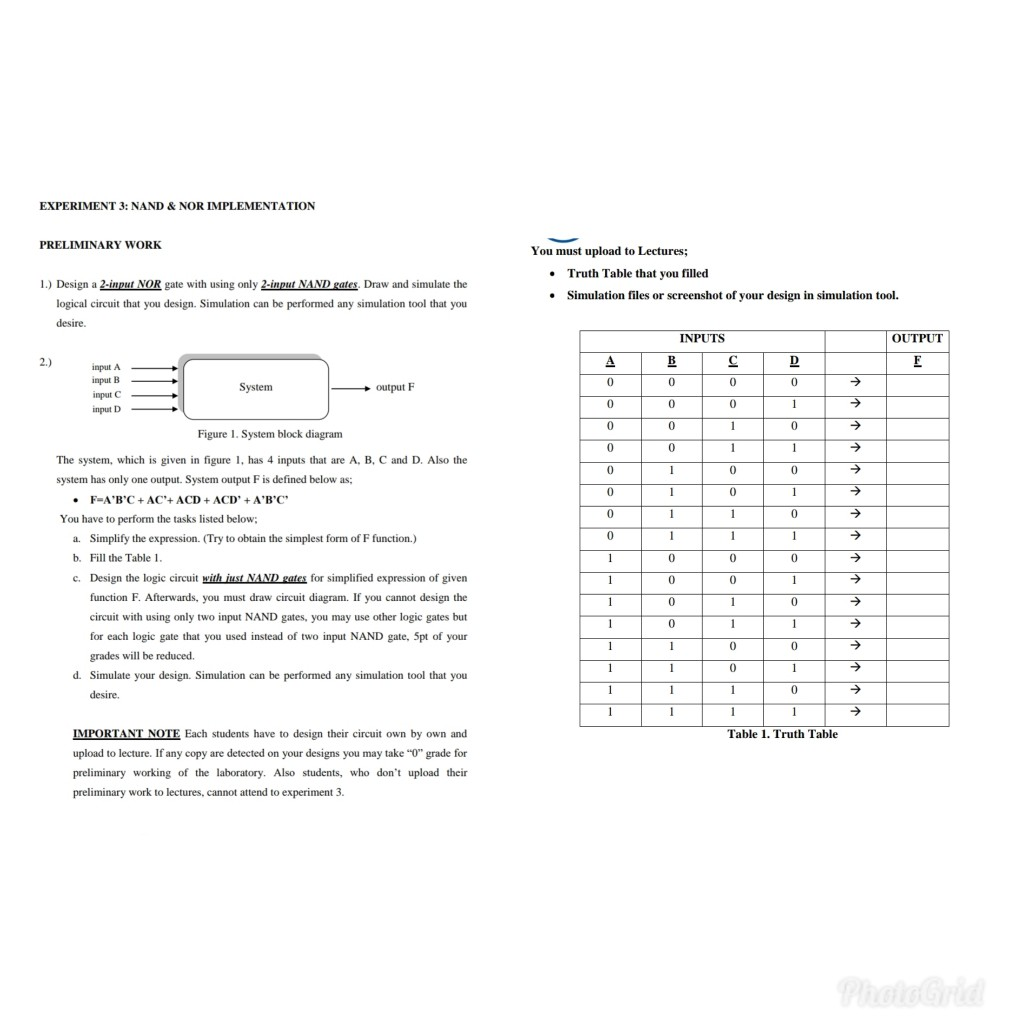 Solved EXPERIMENT 3: NAND & NOR IMPLEMENTATION PRELIMINARY | Chegg.com