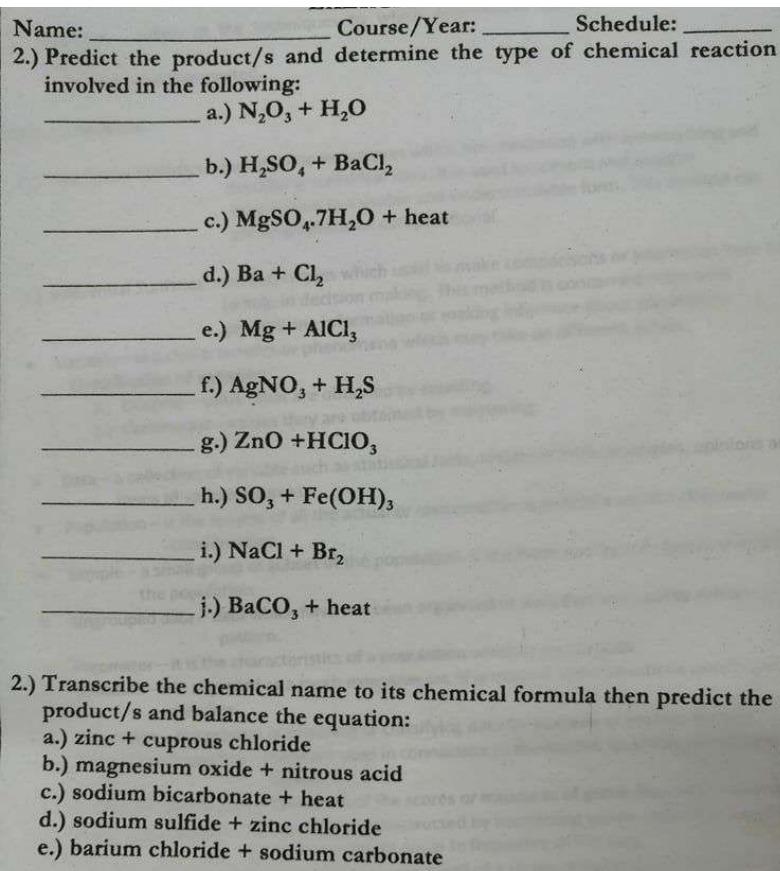 Solved Name: 2.) Predict the product/s and determine the | Chegg.com