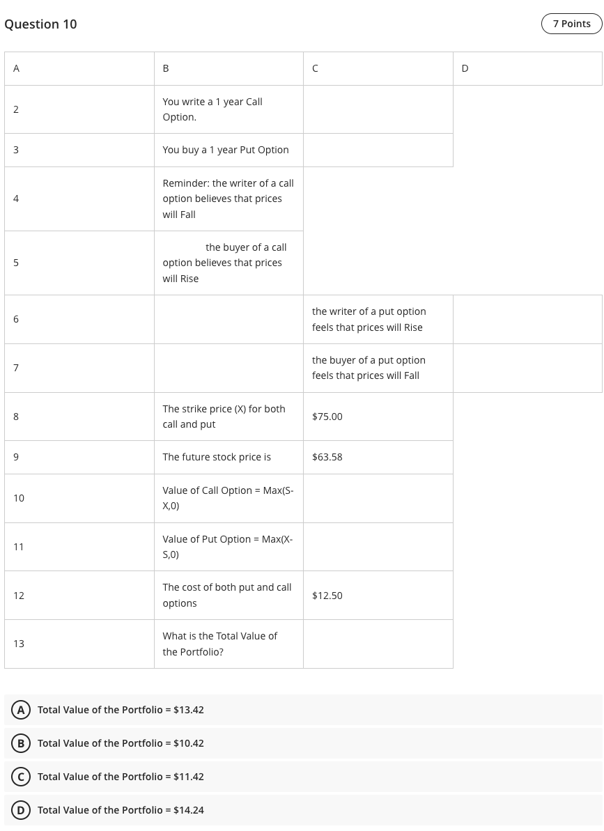 Solved Question 10 7 Points (A) Total Value of the Portfolio | Chegg.com