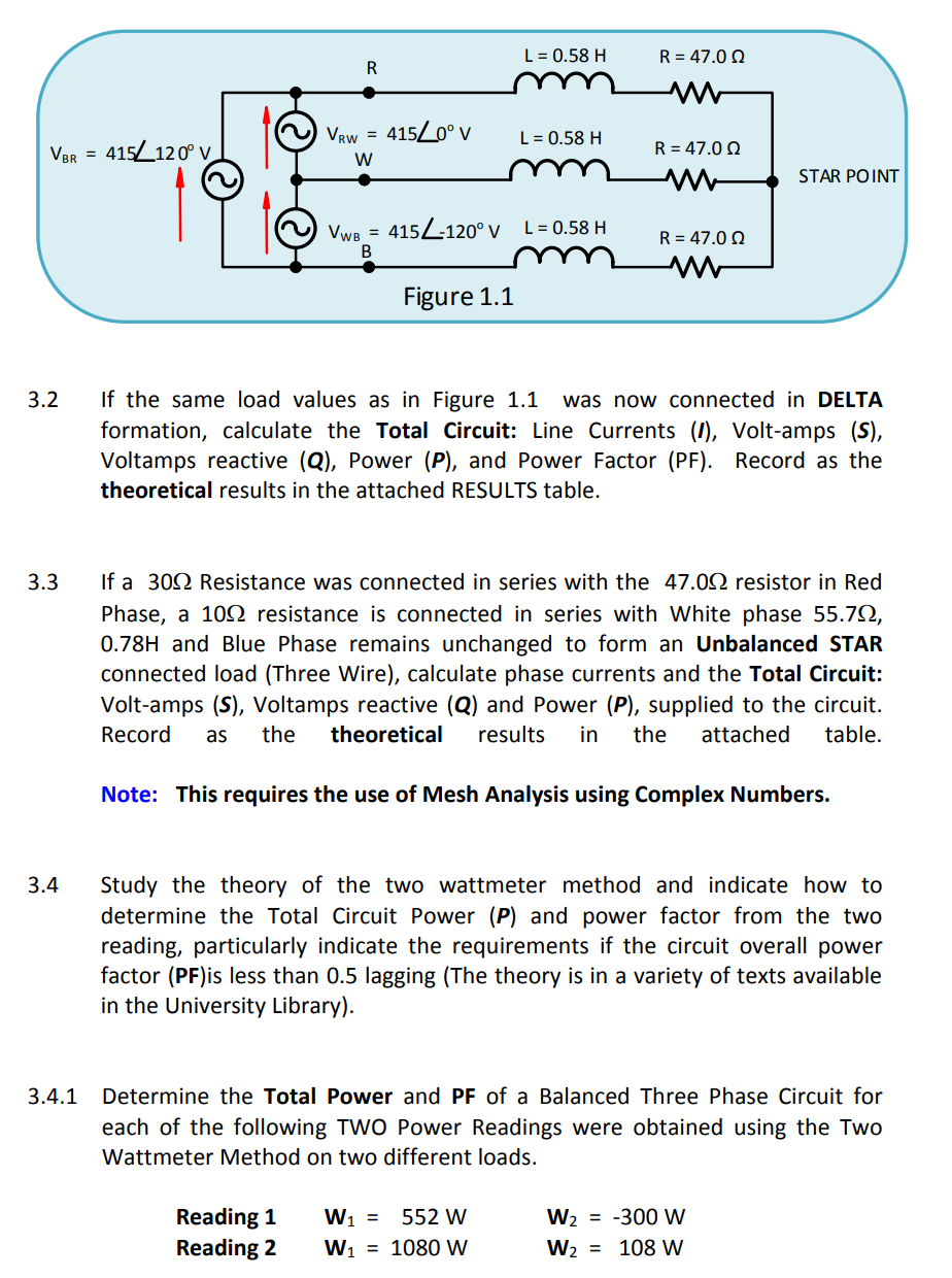 Solved 3.1 For the three phase STAR connected circuit shown | Chegg.com