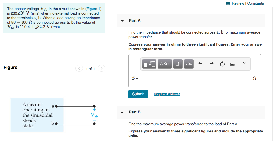 Solved A Review | Constants The phasor voltage Vab in the | Chegg.com