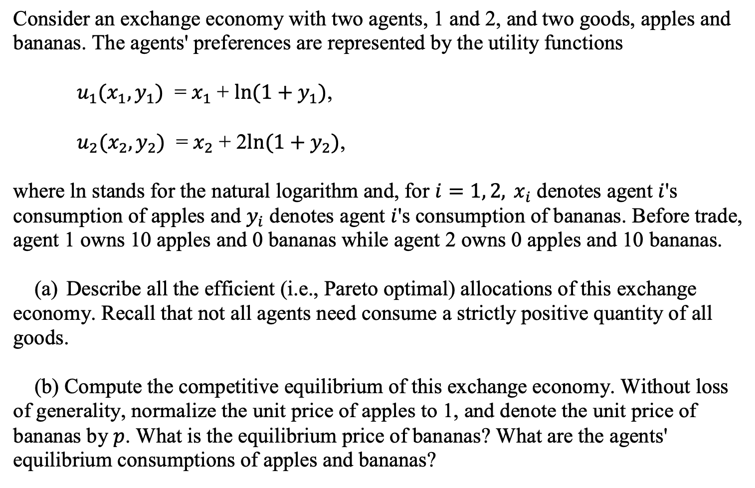 Consider an exchange economy with two agents, 1 and 2 | Chegg.com