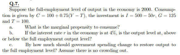 Solved Q.7. Suppose the full-employment level of output in | Chegg.com