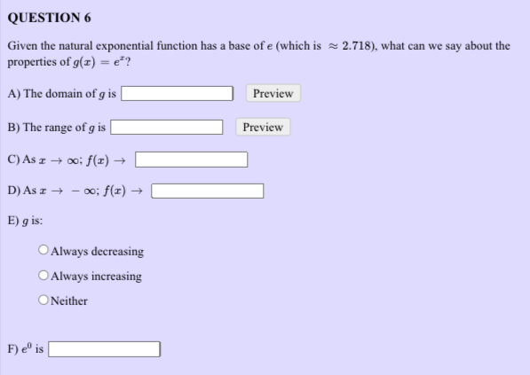 Solved Given the natural exponential function has a base of | Chegg.com