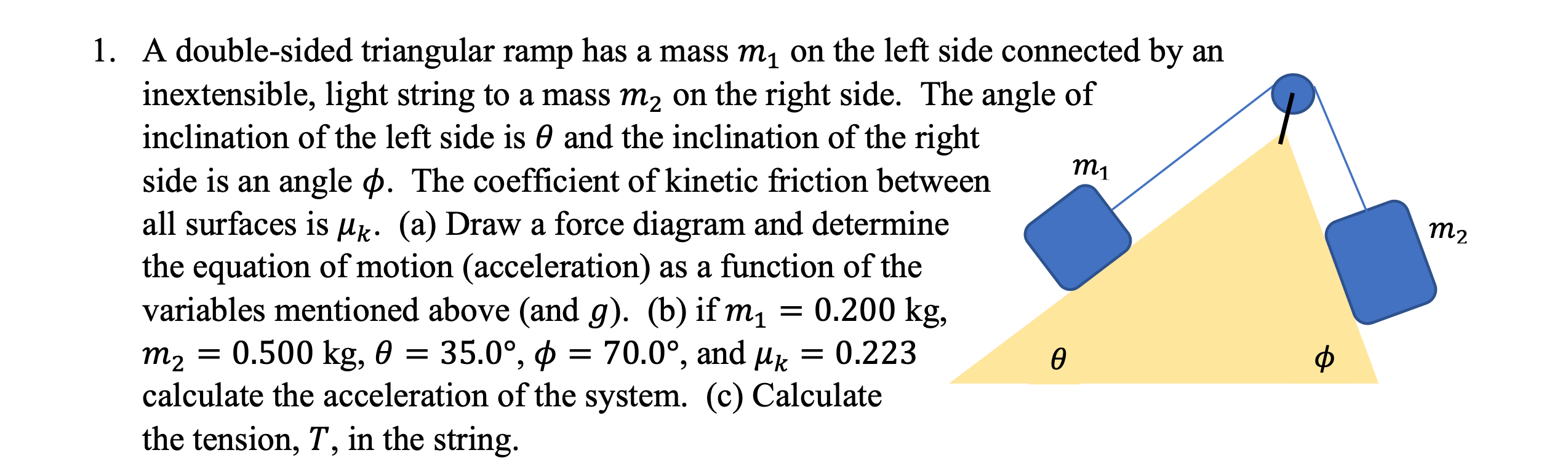 Solved 1. A double-sided triangular ramp has a mass m1 on | Chegg.com