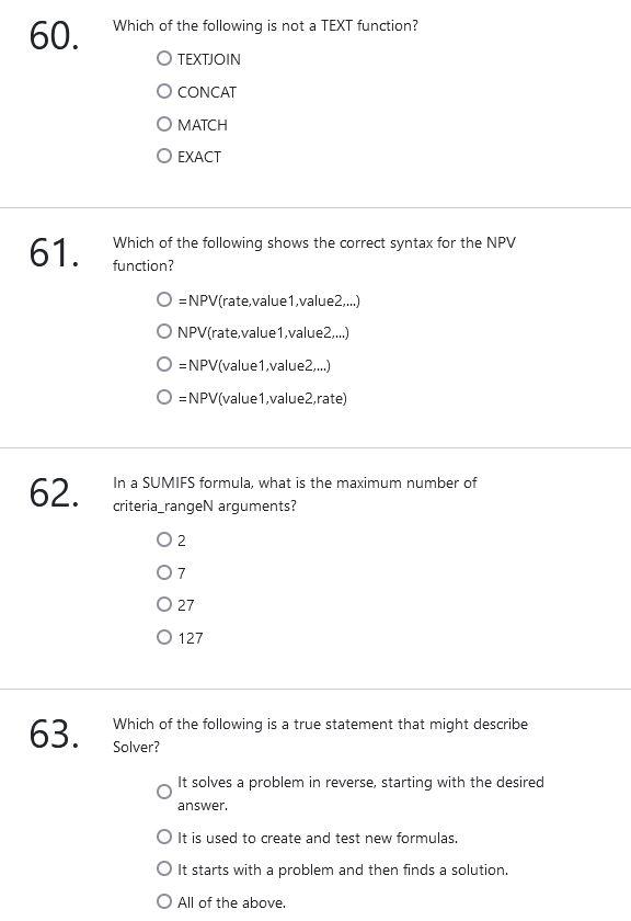 Solved 60. Which of the following is not a TEXT function? O | Chegg.com