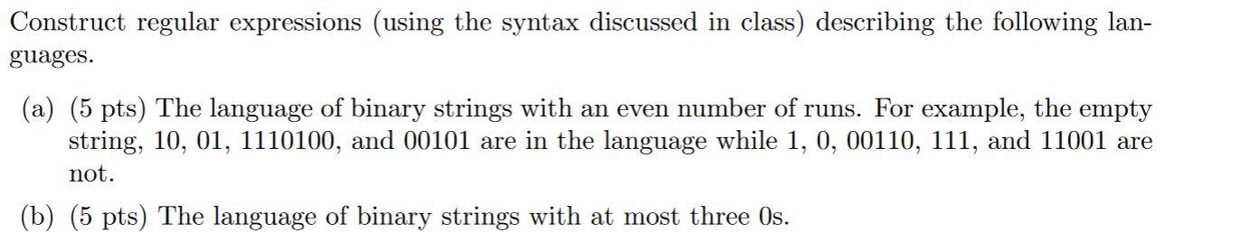 Solved Construct regular expressions (using the syntax | Chegg.com